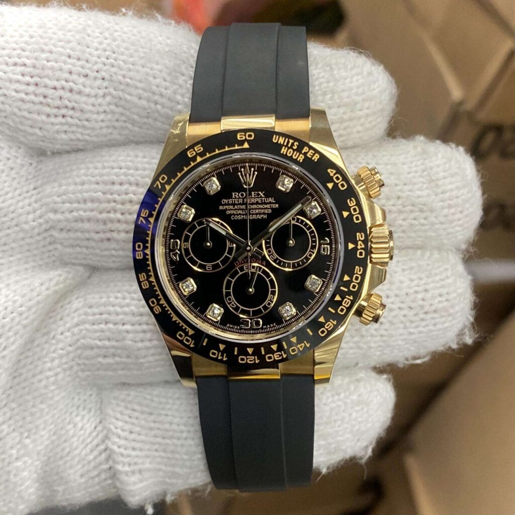 Rolex Daytona Black Dial with Diamond Markers and Gold Bezel – Prestova ...